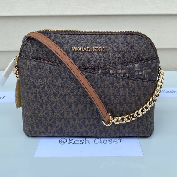 Michael Kors | Bags | Michael Kors Dome Crossbody Bag Medium Jet Set Travel Mk Signature Brown ...